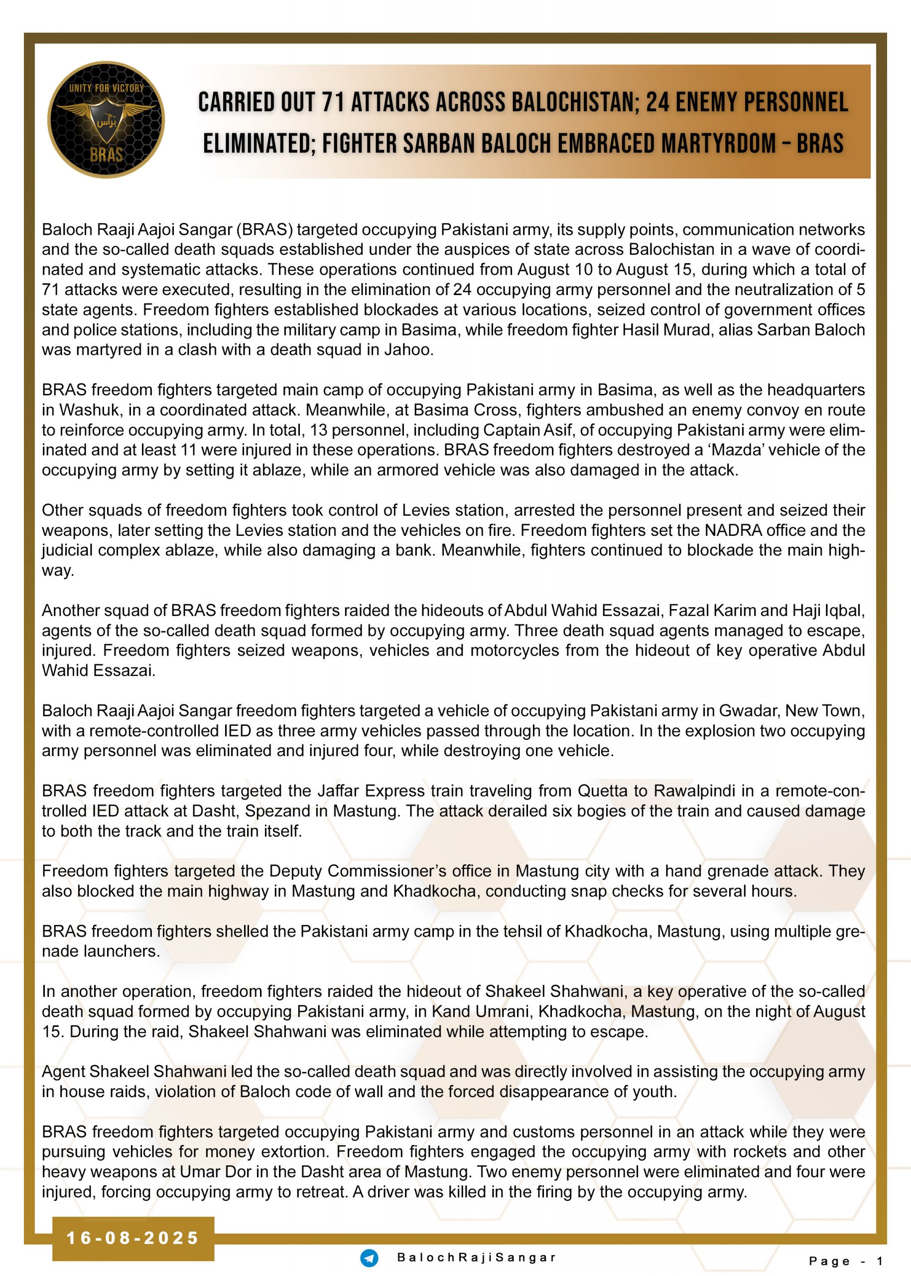 BRAS Says 24 Pakistani Soldiers Killed in 71 Attacks Across Balochistan ...