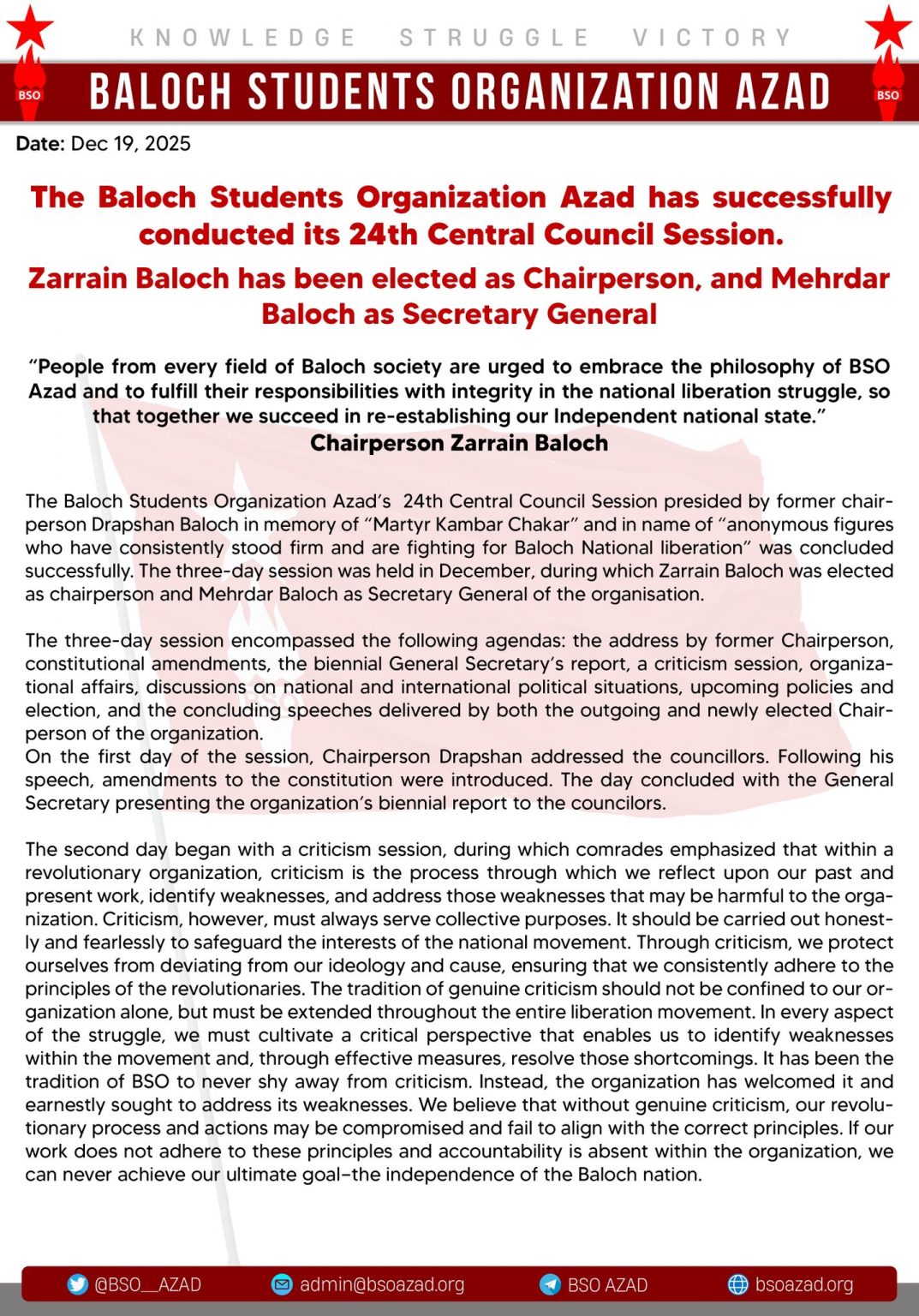 BSO Azad Concludes 24th Central Council Session, Elects New Leadership ...